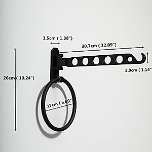 Yooloks Laundry Drying Rack Wall Mounted, Black Folding Clothes Drying Rack Clothes Hanger Rack with Swing Arm and Round Towel Ring, Space Saver for Laundry Room Bathroom Closet Storage Organizer