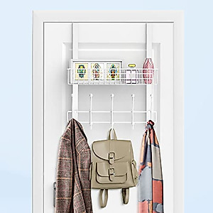 MILIJIA Coat Rack, Over The Door Hanger with Mesh Basket, Detachable Storage Shelf for Towels, Hats, Handbags, Coats (White)