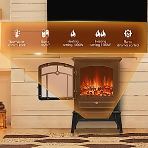 R.W.FLAME Electric Fireplace Stove Heater with Thermostat Control, 15" Cathedral Stylish Small Fireplace Heater, 3D Realistic Flame Effects, Adjustable Heating Mode, Overheating Safe Design