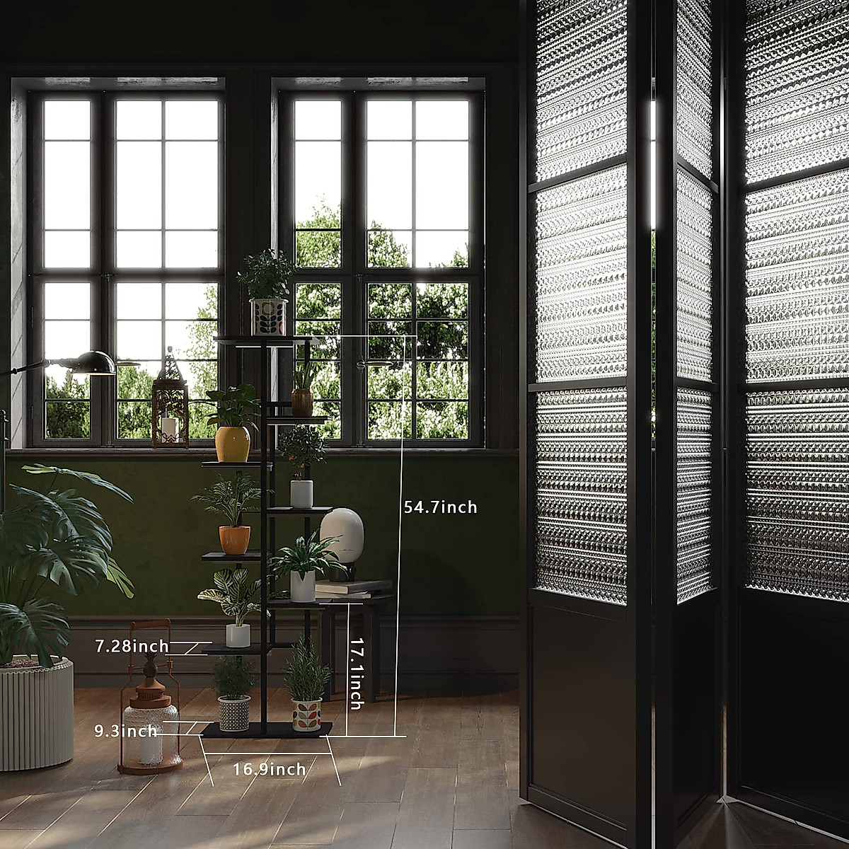 Solatmos Metal Plant Stand with Grow Lights Multiple Wood Flower Planter Pot Holder Shelf Rack Display for Patio Garden Corner Balcony Living Room