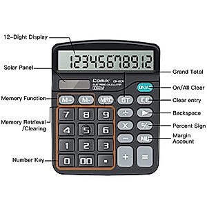 Comix Desktop Calculator 12 Digit with Large LCD Display and Big Button, 12 Digits Baisc Calculator, Solar Battery Dual Powered, for Office Home School C-1832 (Black)