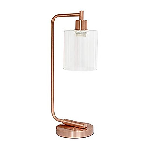 Simple Designs LD1036-RGD Bronson Antique Style Industrial Iron Lantern Desk Bedside Glass Shade Table Lamp, Rose Gold