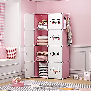 YOZO Cube Storage Organzier Portable Closet Wardrobe Bedroom Dresser (28x14x56 inches) Portable Closet Cube Shelf Armoire Pantry Cabinet, 8 Cubes, Pink