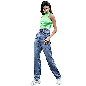 SweatyRocks Women's Casual Boyfriend Jeans High Rise Denim Pants with Pocket Blue M