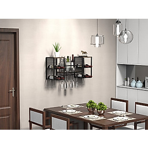 MOOMLIFE Wine Rack Wall Mounted with 3 Stem Glass Holders, Holds 12 Bottles Wine, Liquor Bottle Display Shelf, Elegant Storage for Kitchen, Dining Room