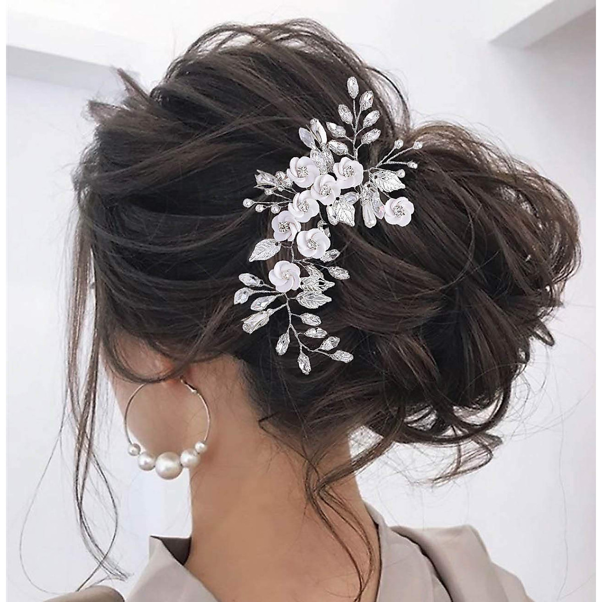 Catery Flower Bride Wedding Hair Vine Silver Crystal Headpiece Leaf Bridal Hair Piece Hair Accessories for Women and Girls (A-Sliver)