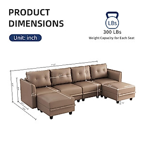 LLappuil Modular Sectional Sofa, Convertible U Shaped Couch with Storage, Faux Leather Fabric Waterproof Sectional Couch for Living Room, 111.8" Width, 6 Seat Modular Sofa, Cognac Brown