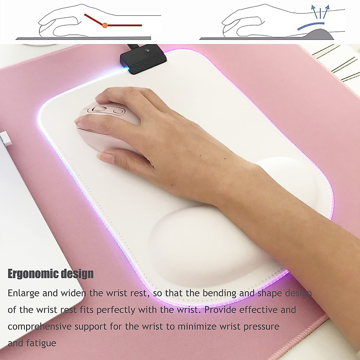 RGB Mouse Pad with Wrist Support, LED Mouse Pad with 13 Lighting Modes, Anti-Slip Rubber Base, Pain Relief Computer Ergonomic Mouse Pad for Gaming, Office, Home, 11.8 x 8.5 in (White)