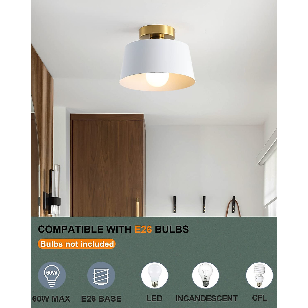 BinoBro Modern Semi Flush Mount Ceiling Light with Gold Plate and Matte White Shade, Farmhouse Ceiling Light Fixture for Kitchen Island Dining Room Foyer Hallway Porch Barn Loft，10in (White)
