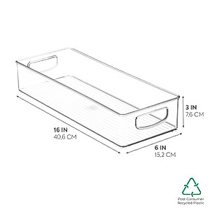 iDesign BPA-Free Plastic Pantry and Kitchen Storage, Freezer and Fridge Organizer Bin with Easy Grip Handles – 16" x 6" x 3", Clear