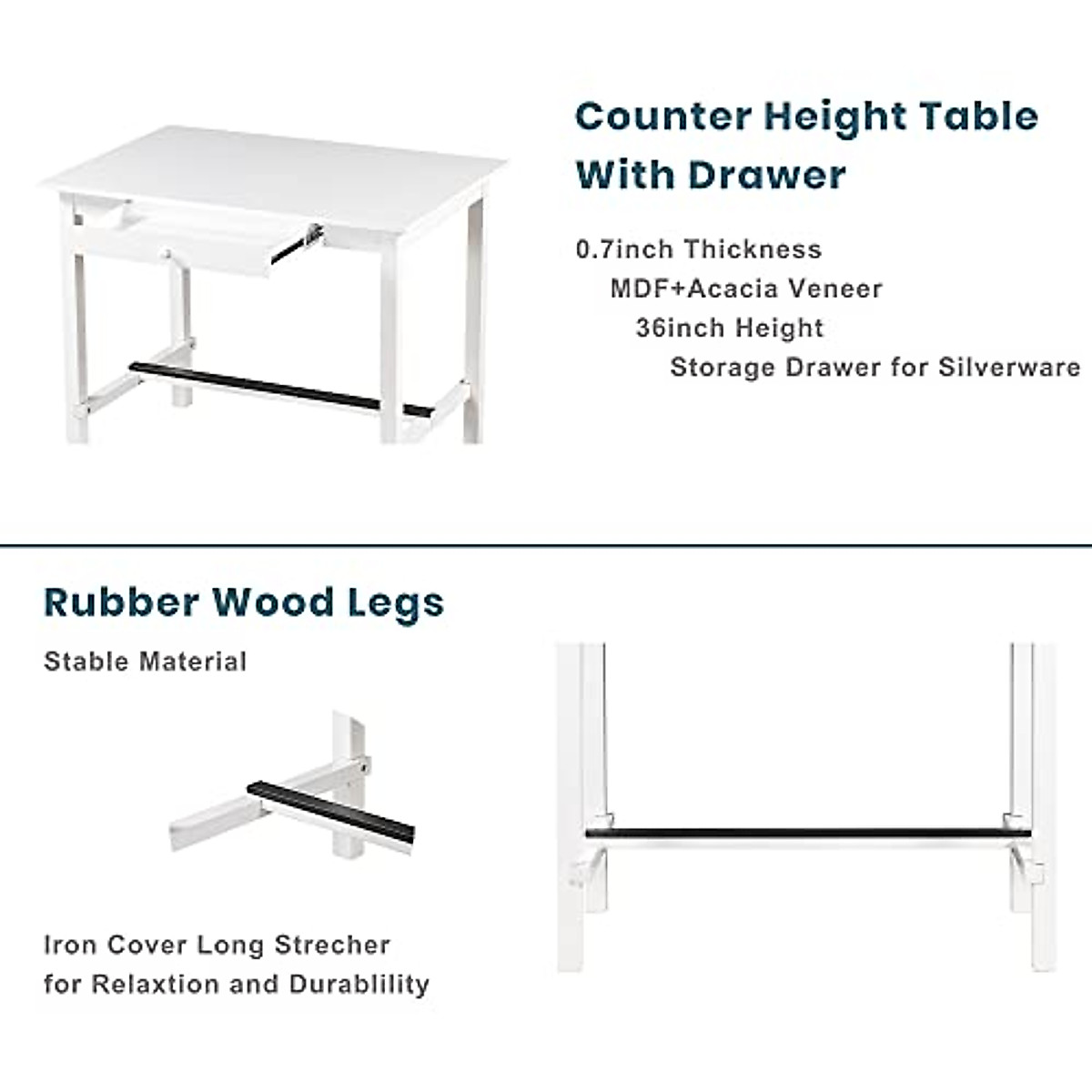 JIVOIT Counter Height 5-Piece Dining Table Set with 4 Upholstered Chairs, Solid Wood Casual Kitchen Set with 1 Storage Drawer, Save-Space Dining Table Set for 4 (White+Beige 001)