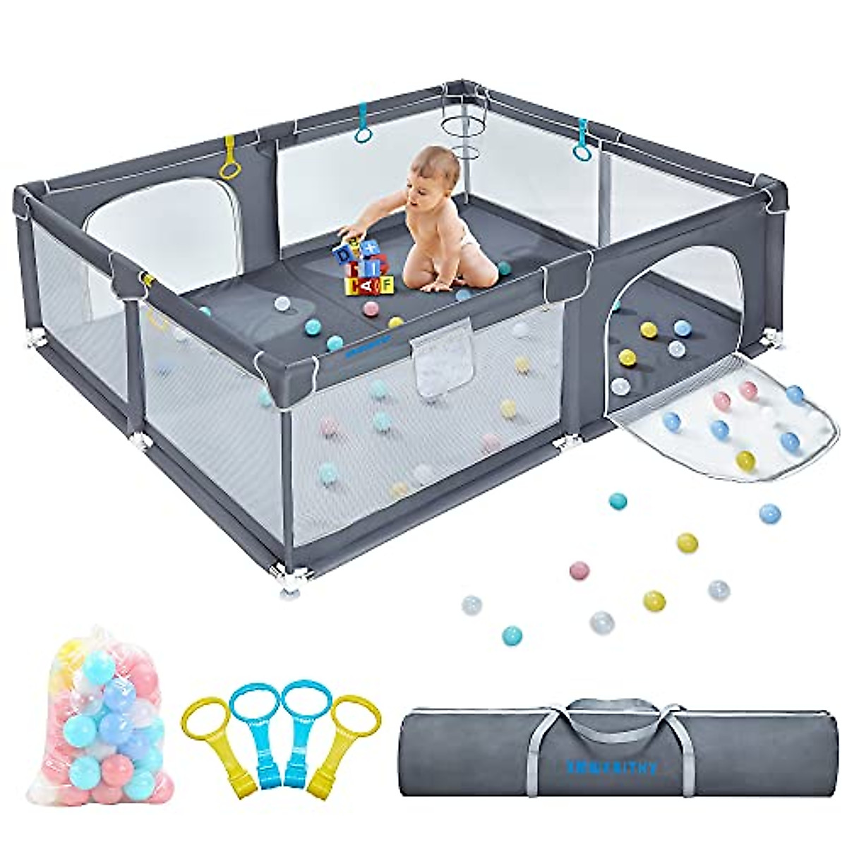 Baby Playpen, 78" x 62" x 26" Playpen for Babies and Toddlers, Indoor & Outdoor Kids Activity Center, Sturdy Safety Play Yard with Soft Breathable Mesh, Dark Grey (Including 50 Ocean Balls)