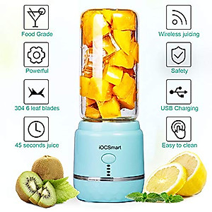 iOCSmart Portable Personal Size Blender, USB Rechargeable Mini Fruits Small Juicer Blender for Shakes and Smoothies with 2 Juice Cup Portable on the Go (Blue)