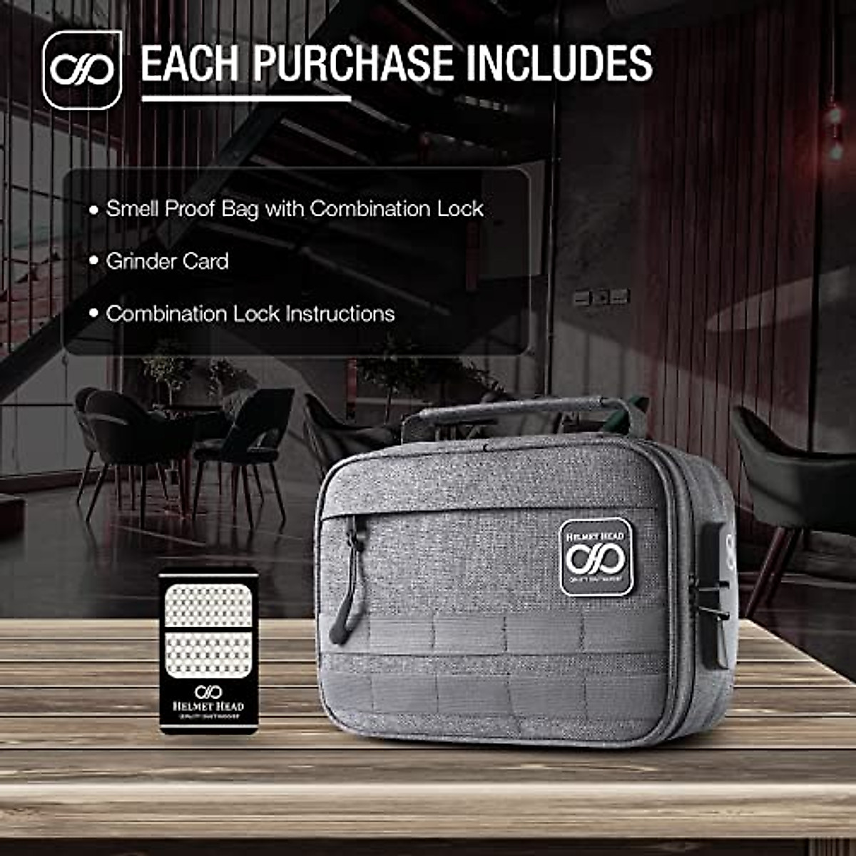 HELMET HEAD Smell Proof Bag with Lock, Smell Proof Stash Bag comes with a Grinder Card, this Smell Proof Case Offer Plenty of Room to keep all your Herbs and Tools Securely Together (Gray)