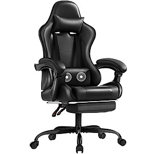 Shahoo Gaming Chair with Footrest and Massage Lumbar Support, Video Racing Seat Height Adjustable with 360°Swivel and Headrest for Office or Bedroom, Black