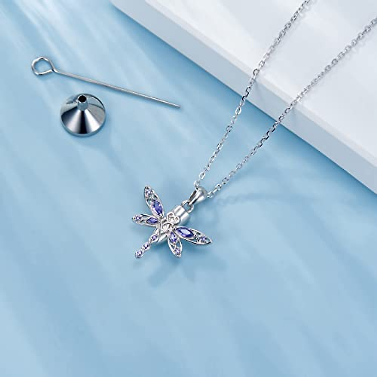 MANBU Dragonfly Cremation Urn Necklace for Ashes - 925 Sterling Silver Memorial Keepsake with CZ Pendant Jewelry Women Keepsake Bereavement Gift for A Loss of the Loved One