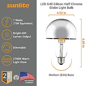 Sunlite LED G40 (G125) Edison Half Chrome Globe Light Bulb, 7 Watts (75W Equivalent), 600 Lumens, Standard E26 Base, Dimmable, Decorative Silver Bowl, Anti-Glare. 2700K Soft White, 3 Pack
