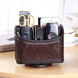 PUSU Leather 360°Rotatable Remote Control Holder,Nightstand TV Remote Caddy,Office Supplies Desktop Organizer,Spinning Storage Box for Pen,Mail,Phone,DVD, Blu-Ray, Media Player, Heater Controllers
