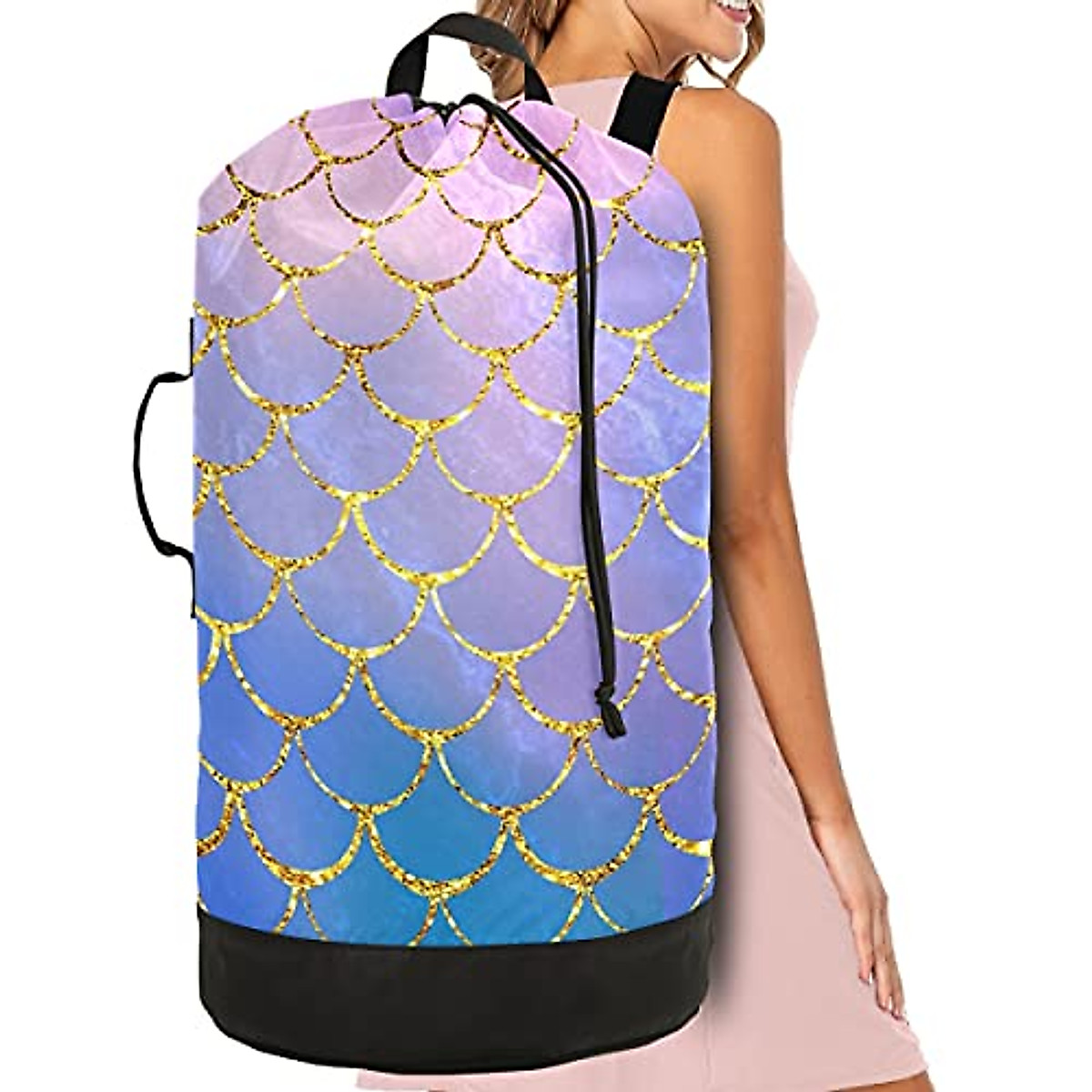Mermaid Fish Scales Laundry Backpack Bag with Shoulder Straps Extra Large Hanging Laundry Hamper for College Dorm Travel Camp
