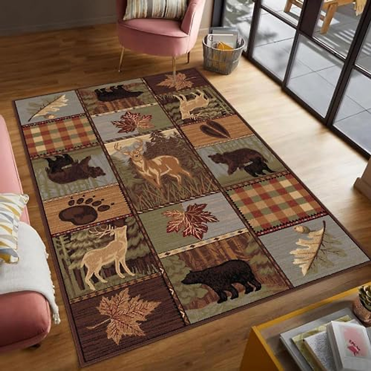 KFHWDG Country Style Rug, 3x4ft, Rustic Cabin Wildlife Washable Area Rugs, Elk Bear Lattice Modern Geometric Design Soft Floor Rug Non-Skid Carpets for Living Room Bedroom Home Decor
