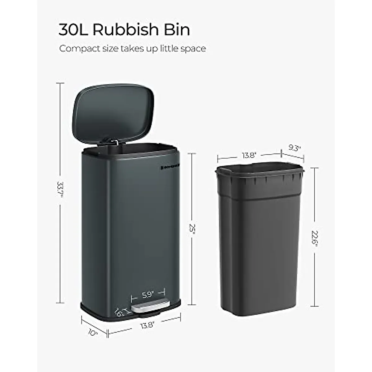 SONGMICS Trash Can with Lid, 8 Gallon Garbage Can, Stainless Steel Small Waste Bin with Step Pedal and Inner Bucket, Soft Close, Kitchen, Greenish Gray ULTB102G01