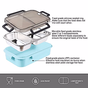 YBOBK HOME Portable Thermal Bento Lunch Box, 2 Compartments Divided Lunch Container For Adult To Work, 18/8 Stainless Steel Leak-Proof Food Container With Insulated Bag & Sauce Box (Blue 34oz)