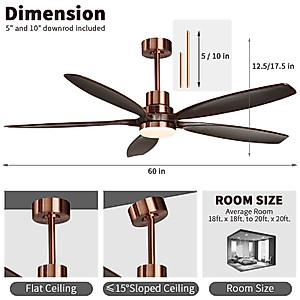 KAPOEFAN 60" Ceiling Fan with Light and Remote,Reversible DC Motor,6Speed,Modern Natural Wood Ceiling Fan with Dimmable LED for Outdoor Patios Bedroom Living Room,Black Walnut and Red Brass