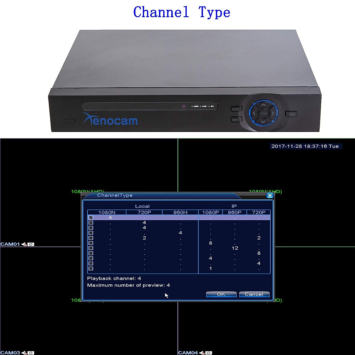 Xenocam 4CH 1080N Hybrid 5-in-1 AHD DVR (1080P NVR+1080N AHD+960H Analog+TVI+CVI) Standalone DVR CCTV Surveillance Security System Video Recorder Motion Detection， Hard Drive not Included