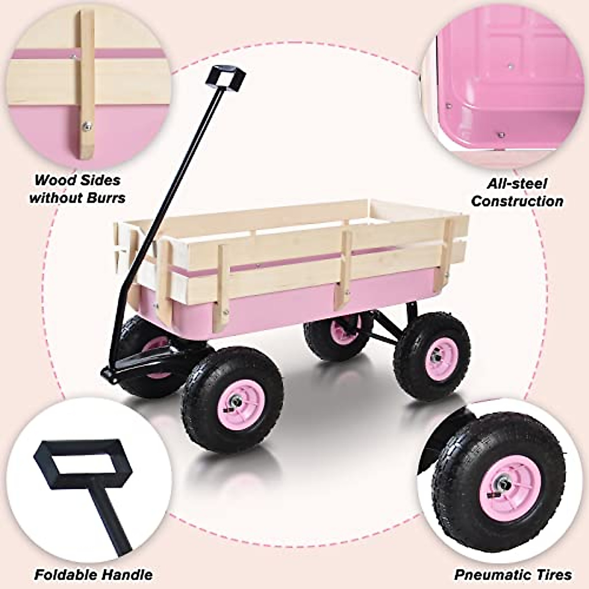 All Terrain Wagons for Kids Wagon with Removable Wooden Side Panels Garden Wagon Cart Heavy Duty with Steel Wagon Bed Folding Wagons for Kids/Pets Ideal Gift for Kids for Halloween Christmas, Pink