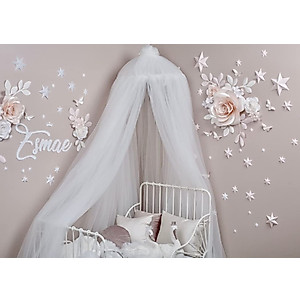 ADESIGNSTORE White Princess canopy with two tulle 9" pom poms set - Baby Crib Bed Mosquito net Reading Nook - Princess House Castle Bed Hanging Sheer Canopy 10 Layers