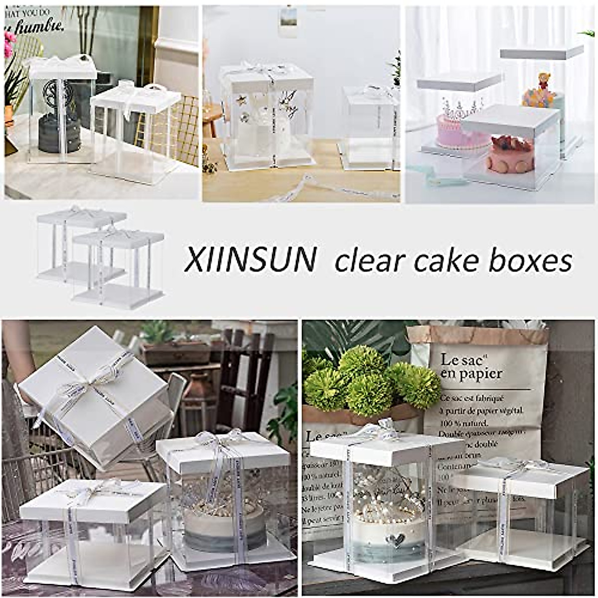 XININSUN 2Pcs Large Cake PET Clear Box, 10" X 10" X 9" with ribbon and pre-folded lid, for 8" cake packing carry, baking cookie display, Carry Tall Layer Gift, Festive Gift Box -White