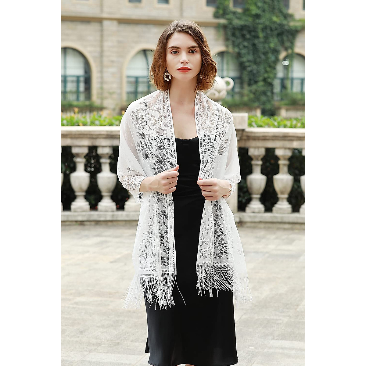 RIIQIICHY Women's Floral Lace Mesh Party Prom Wedding Shawl Scarf with Fringe