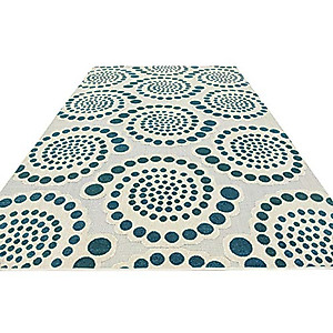 Unique Loom Modern Collection Geometric, Contemporary, Circles, Swirls, High-Low Pile, Indoor and Outdoor Area Rug, 7 ft x 10 ft, Ivory/Teal