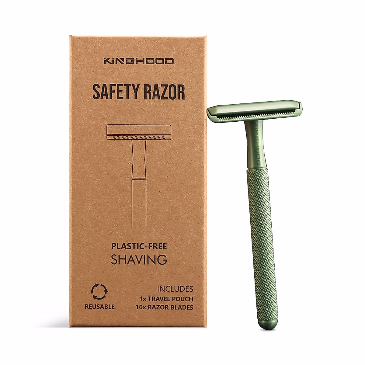 Kinghood Single Blade Safety Razor for Men & Women with 10 Stainless Steel Double Edge Blades - Metal Reusable Eco-Friendly Zero-Waste One Blade Razor Handle