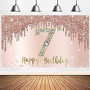 Happy 7th Birthday Banner Backdrop Decorations for Girls, Rose Gold 7 Year Old Birthday Party Sign Supplies, Pink Seventh Birthday Poster Background Photo Booth Props Decor