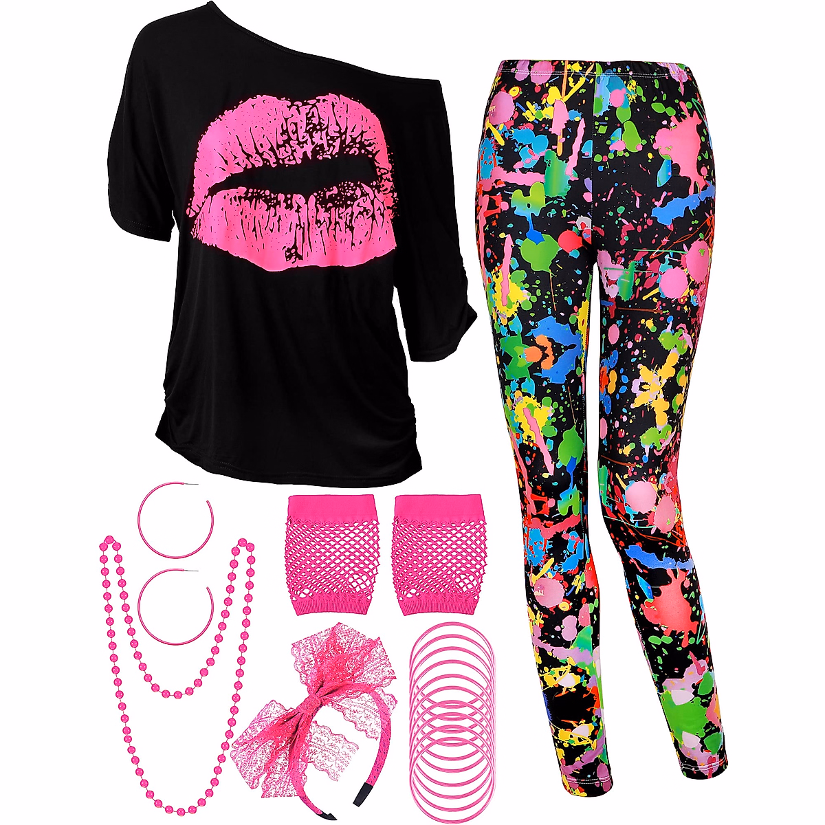 Blulu 80s Women Costume Set, T Shirt, Legging Pants Earring Necklace Gloves Bracelet（3X-Large,ShortSleeveSprayPrinting）