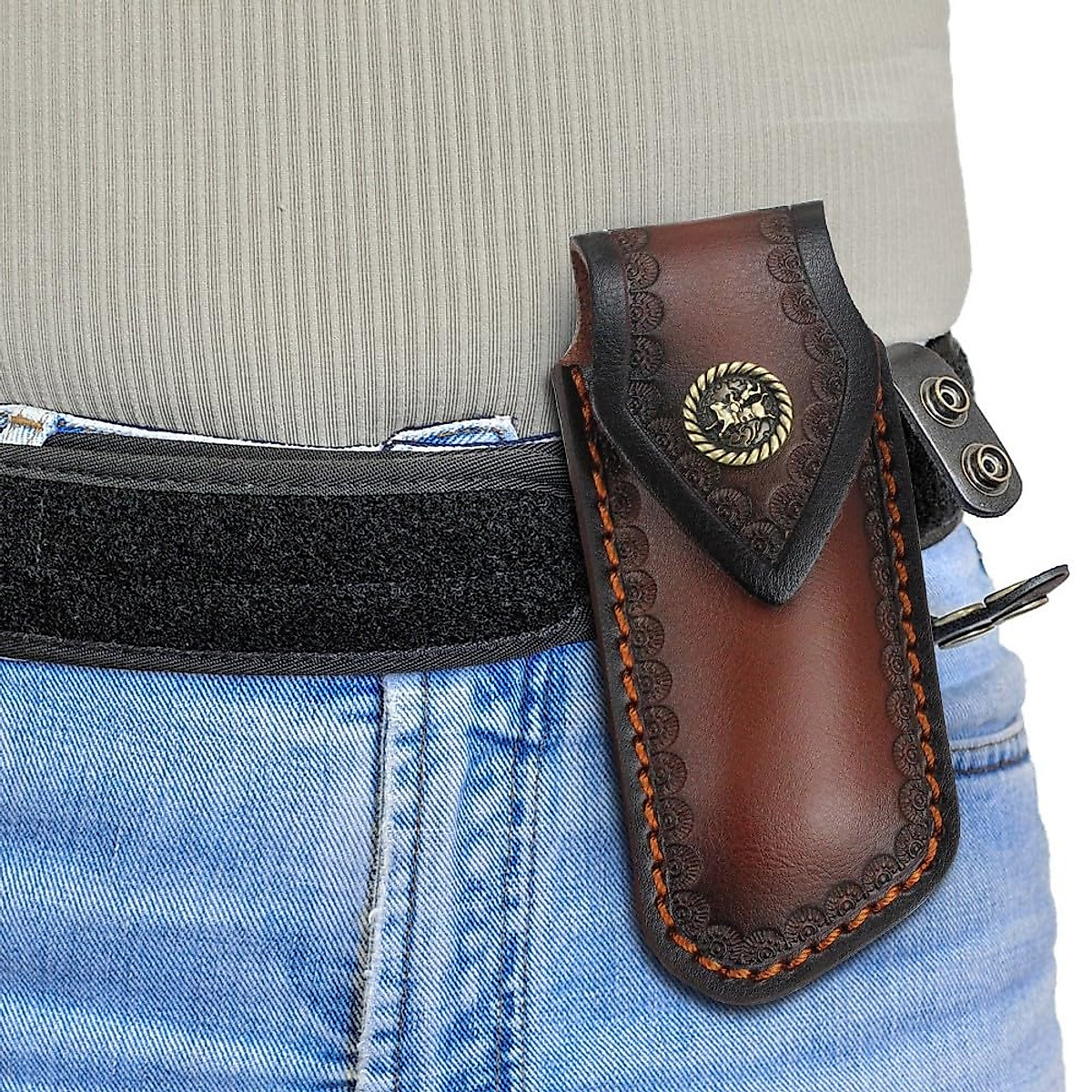 4'' Pocket Knife Sheath, Portable Leather Knife Holster with Belt Hanging Hole Design for Camping Hunting Jungle Exploration