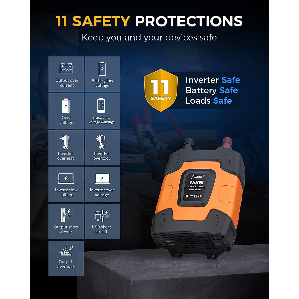 Ampeak 750W Power Inverter 4.8A Dual USB Ports 2 AC Outlets Car Inverter DC 12V to AC 110V 11 Protections for Devices