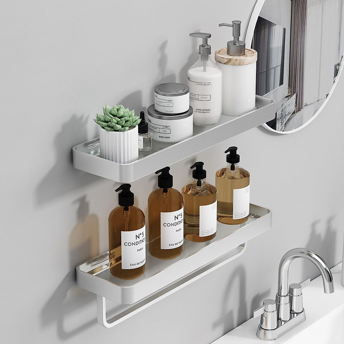 dancrul Bathroom Shelf Glass Bathroom Shelves Wall Mounted Rectangular Floating Shelves for Wall Decor Bathroom Organizer Matte Silver Set