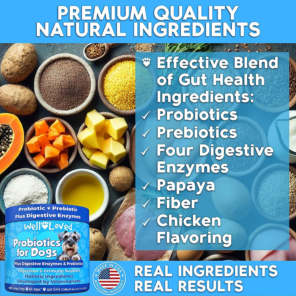 Well Loved Probiotics for Dogs, Dog Probiotics and Digestive Enzymes, Made in USA, Vet Developed, Dog Probiotic Chews with Prebiotics, Diarrhea Treatment, for Itchy Skin, Gut Health & Gas Relief