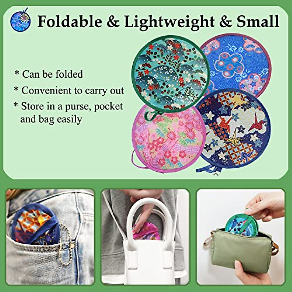 MXY Foldable Fan Round Japanese Style Summer Handheld Folding Fans Festival Wedding Party Decor Home Personal Decoration 4 Units Different Beautiful Patterns