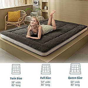 HIGOGOGO Japanese Floor Mattress for Adults, 4" Thick Sherpa Fleece Futon Mattress for Floor, Roll Up Sleeping Pads, Portable Folding Foam Floor Bed Tatami Mat, Shikibuton for Guest, Dark Grey, Queen