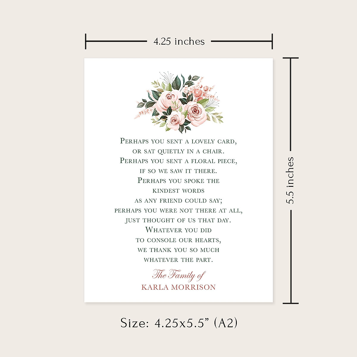 Hello Love Goods Sympathy Acknowledgement Cards, Personalized Funeral Thank You Cards with Poem and Pink Flowers - 5.5x4.25 Flat Notecards with Envelopes