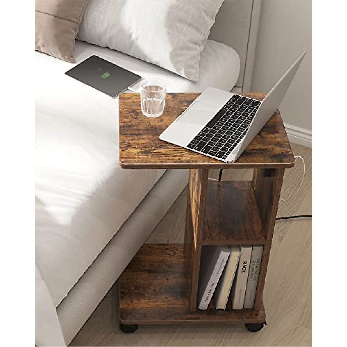 HILINSIE C Shaped End Table with Charging Station - Narrow Side Table with USB Ports and Outlets for Small Spaces, 3-Tier Storage Shelves Nightstand, 11.9 x 15.8 x 21.7 Inches, Rustic Brown