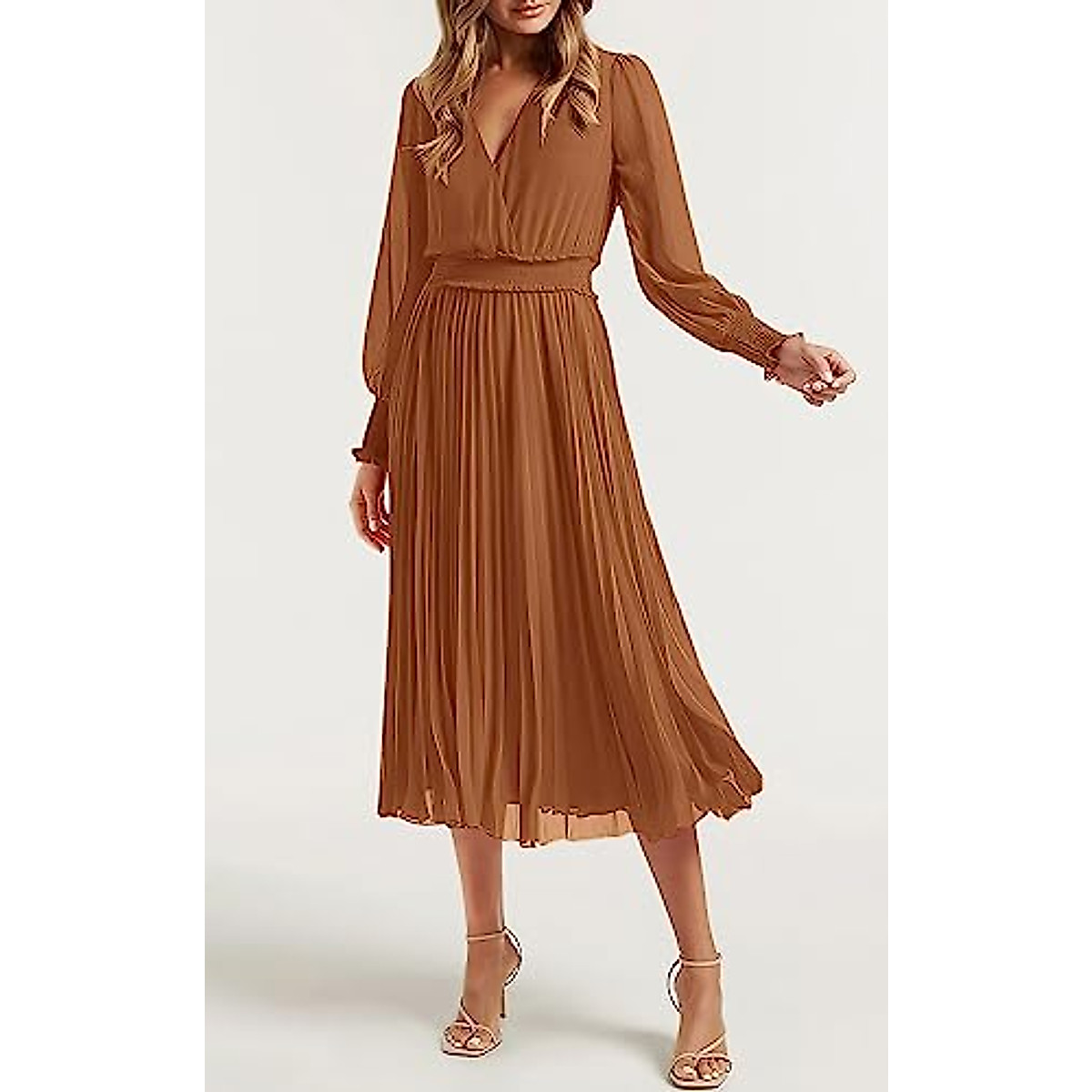 PRETTYGARDEN Wrap V Neck Fall Dresses for Women 2023 Long Sleeve Smocked Wedding Guest Dresses Flowy Pleated Midi Dress (Brown,X-Large)