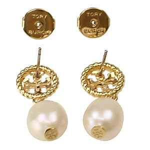 Tory Burch 136616 Tory Gold Tone Pearl Drop Rope Logo Women's Drop Dangle Earrings