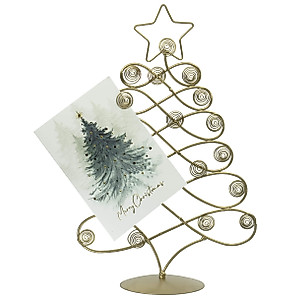 Red Co. 17.5" H Decorative Tabletop Display Christmas Tree Card & Photo Holder Rack in Old Gold Finish