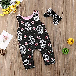 Newborn Infant Baby Girl/Boy Halloween Clothes Skull Floral Romper Jumpsuit Sleeveless Bodysuit Headband Outfit (0-6M, Black)