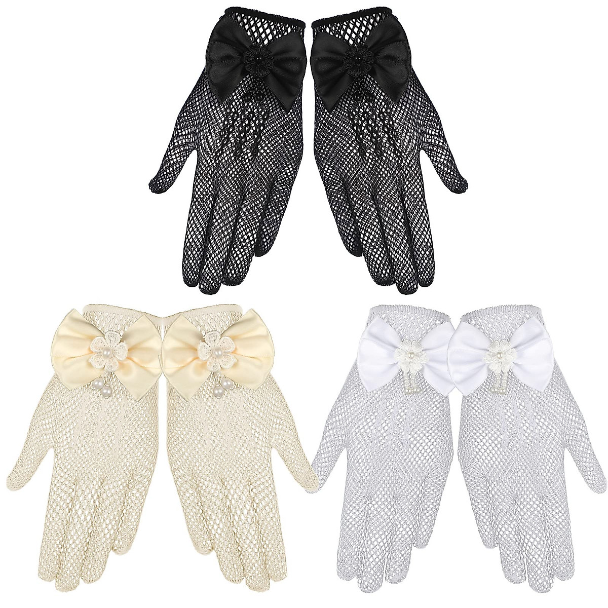 JenPen 3 Pairs Girl Net Lace Gloves Tea Party Gloves Kids Princess Gloves Bow Tie Gloves Communion Gloves for Little Girls Pearl Dress Gloves for Wedding Pageant for Girls Aged 4-16