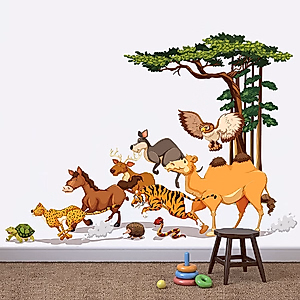 MEFOSS Removable Cartoon Jungle Animal Big Tree Wall Decals Creative Tiger Horse Leopard Turtle Wall Stickers Peel and Stick Wall Decals for Kids Bedroom Playroom Nursery Wall Decor (A)